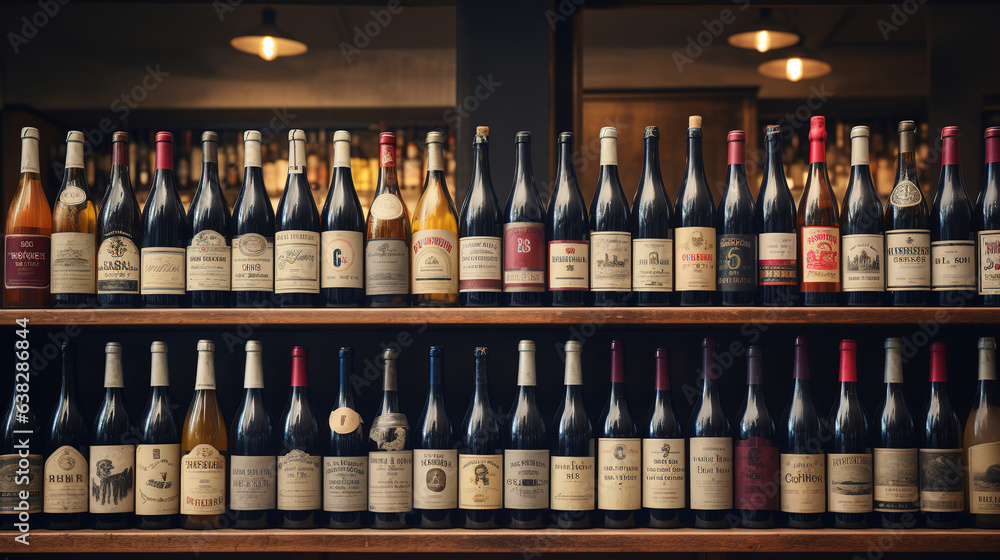 Wine shop banner, large number of bottles aligned on store shelf ...