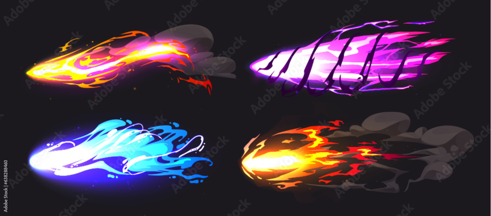 Cartoon set of laser gun shot effects isolated on black background ...
