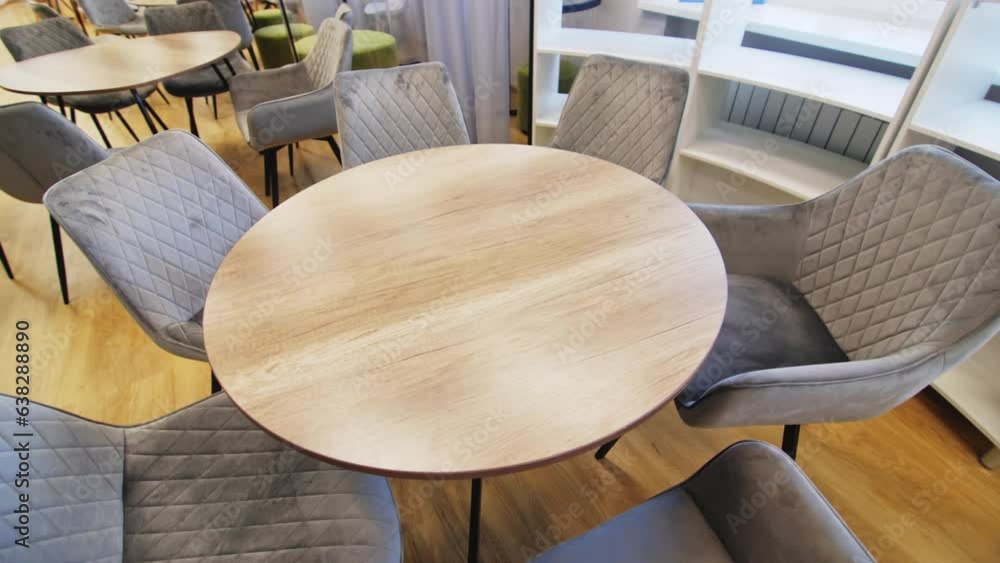 Round discussion tables for team works in school auditorium. Classroom ...