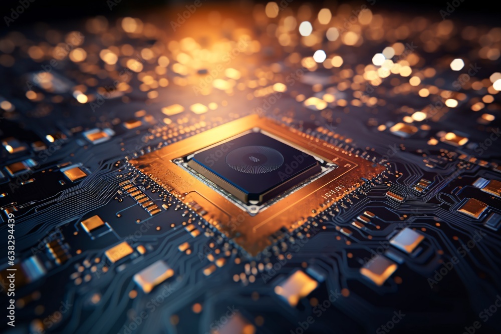 close-up of a semiconductor chip. Minute circuits and transistors ...