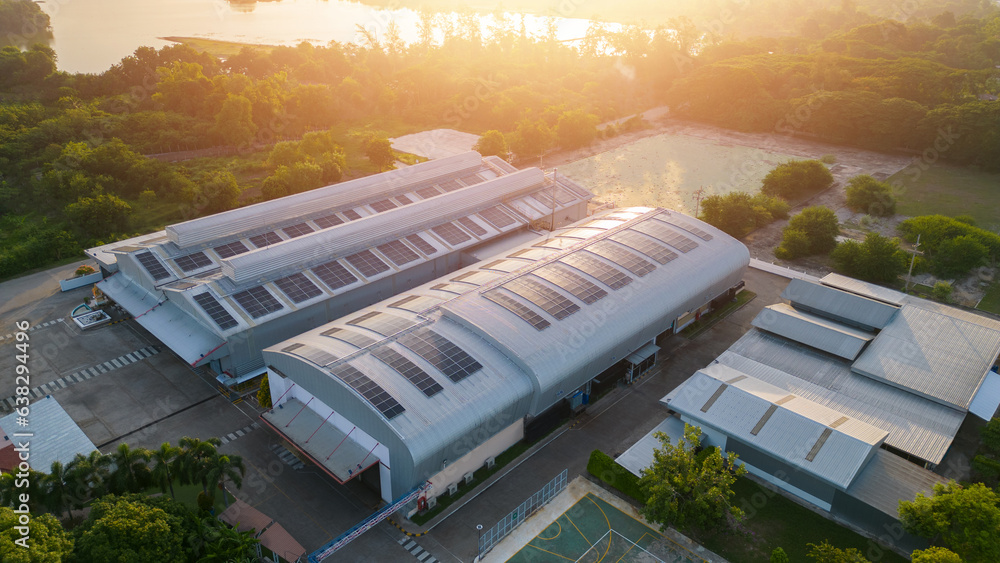 Aerial view of a solar panel on building roof top. Part of reduce reuse ...