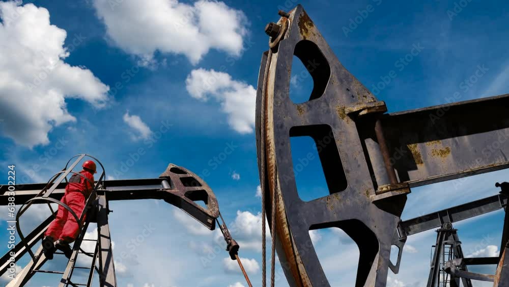Oil Rig Worker and Three Pump Jacks with Blue Sky and Clouds in the ...