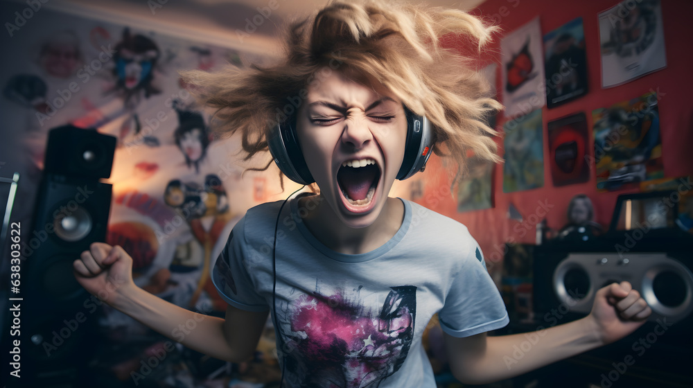 Rebellious teenage girl lost in her passion for loud rock music ...