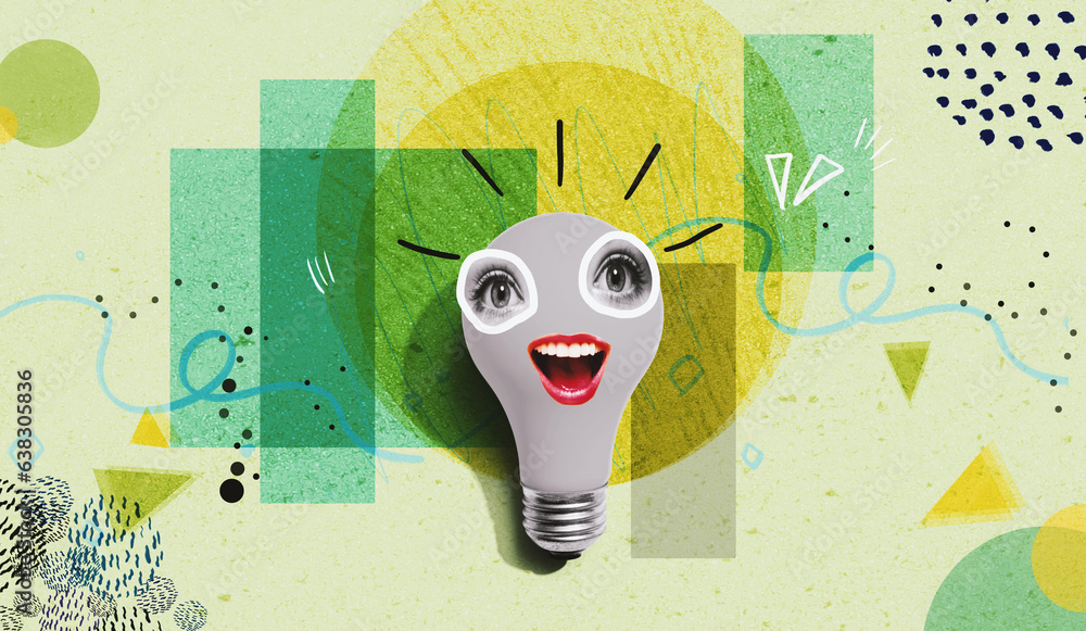 Idea light bulb with human eyes and mouth - Photo collage design Stock ...