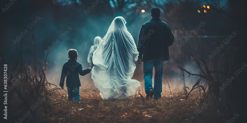 family with ghosts and ghosts going to a Halloween party. Generative AI ...