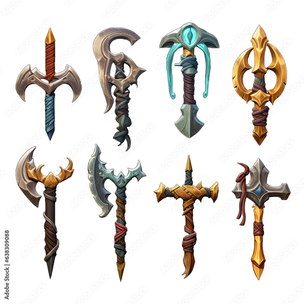Cartoon weapon icons set with colorful sword and axe for game design ...