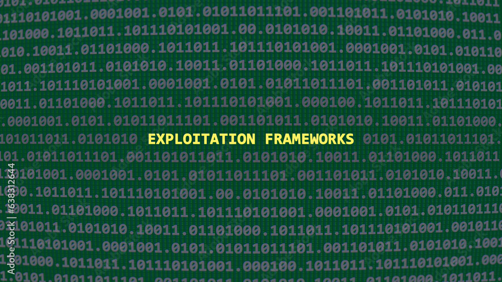 Cyber attack exploitation frameworks. Vulnerability text in binary system ascii art style, code ...