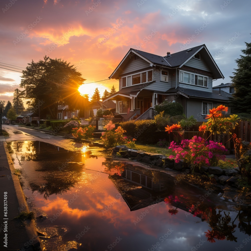 Rainbow after the rain over the house. A beautiful piece of land with ...