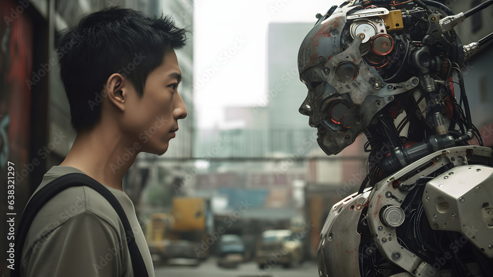 asian young adult man versus robot looking at each other, face to face ...