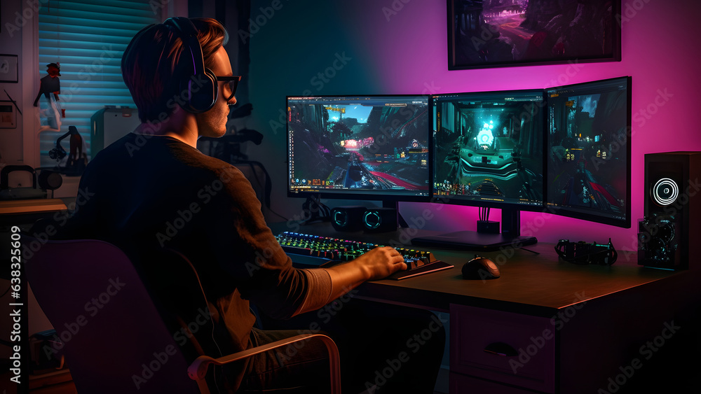 A multi monitor gaming setup with a high-performance gaming computer ...