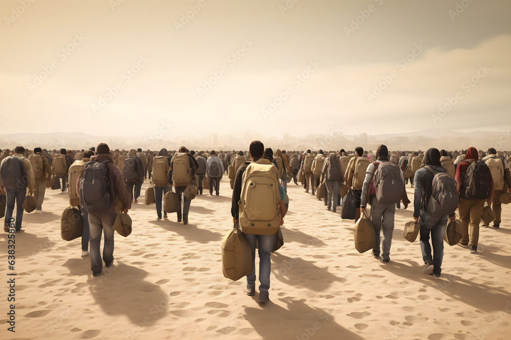Refugee crisis. A group of people with backpacks walking down a street ...