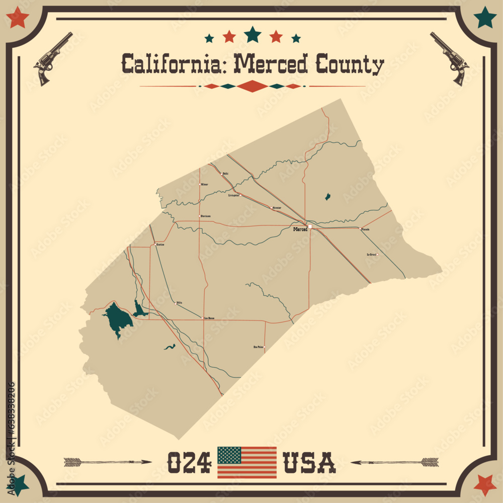 Large and accurate map of Merced County, California, USA with vintage ...