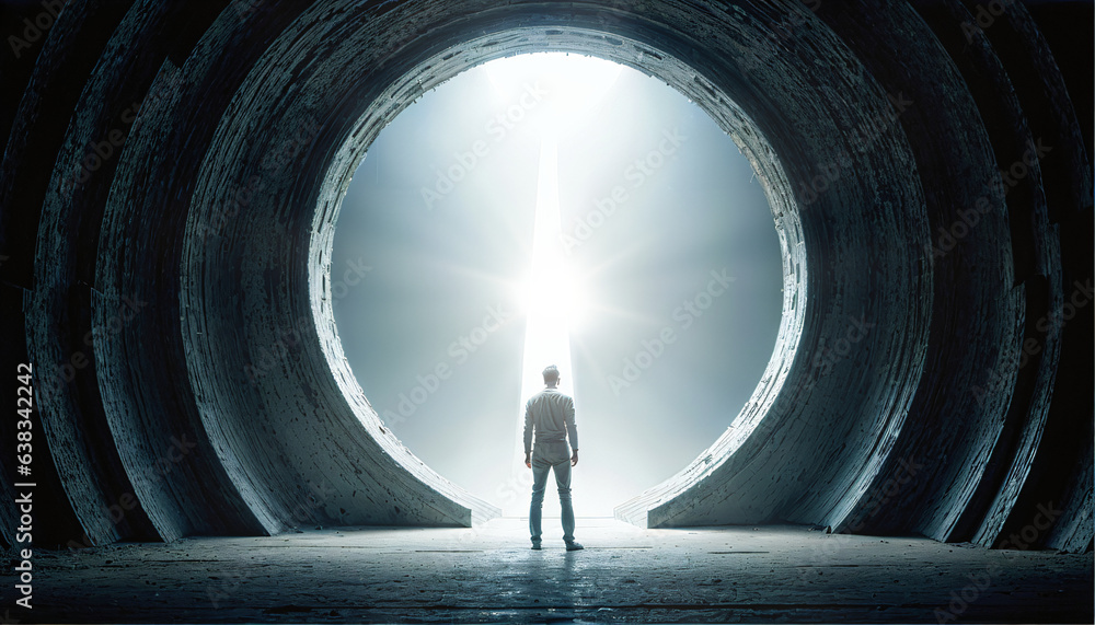 back photo of man standing in front of a portal arch curved in concrete ...