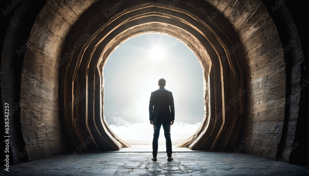 back photo of man standing in front of a portal arch curved in concrete ...