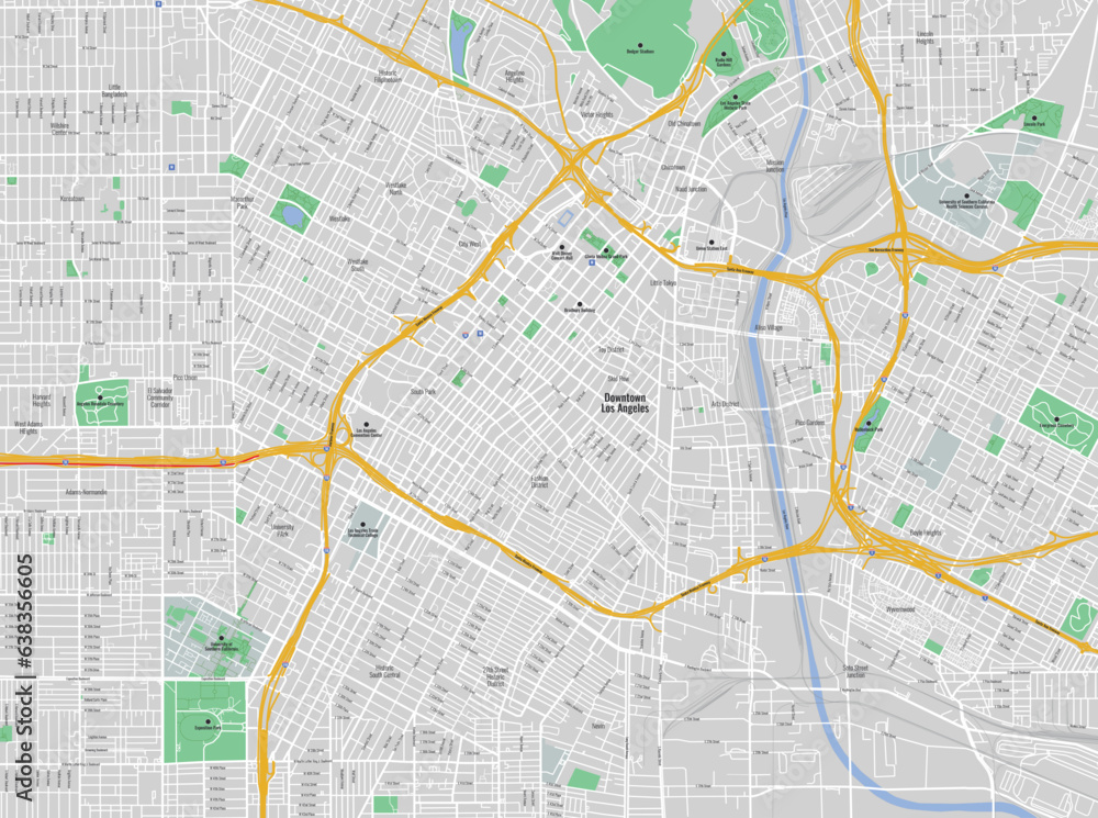 Downtown Los Angeles Vector Map - Full Editable with Strokes Stock ...