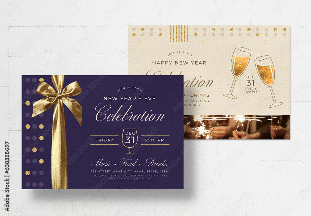 NYE New Year Flyer Card Invite Layout with Purple Gold Accents Stock ...