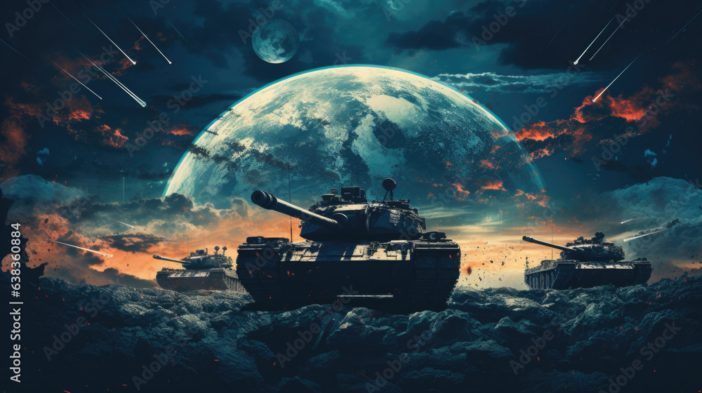 future vesion of a world war. tank in the foreground and a planet or ...