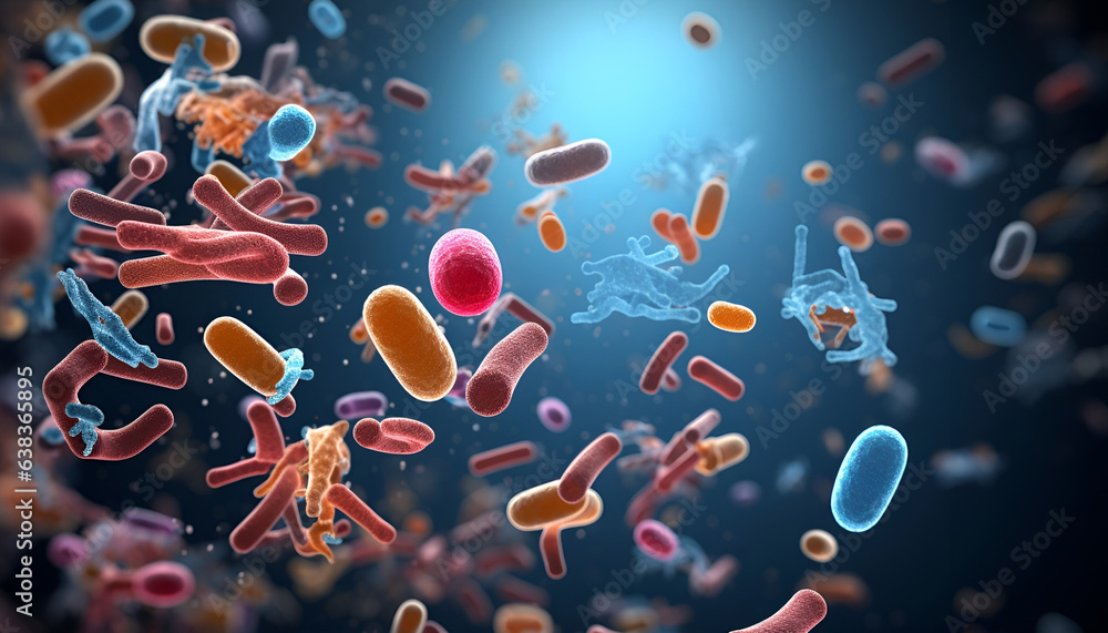 Microscope closeup view of bacteria cells, microbes colony cloud ...