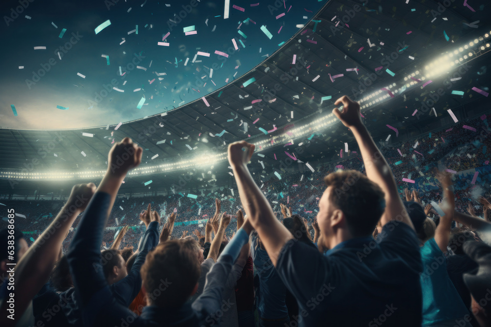 Roaring stadium, fans cheering for team, confetti showering in sports ...