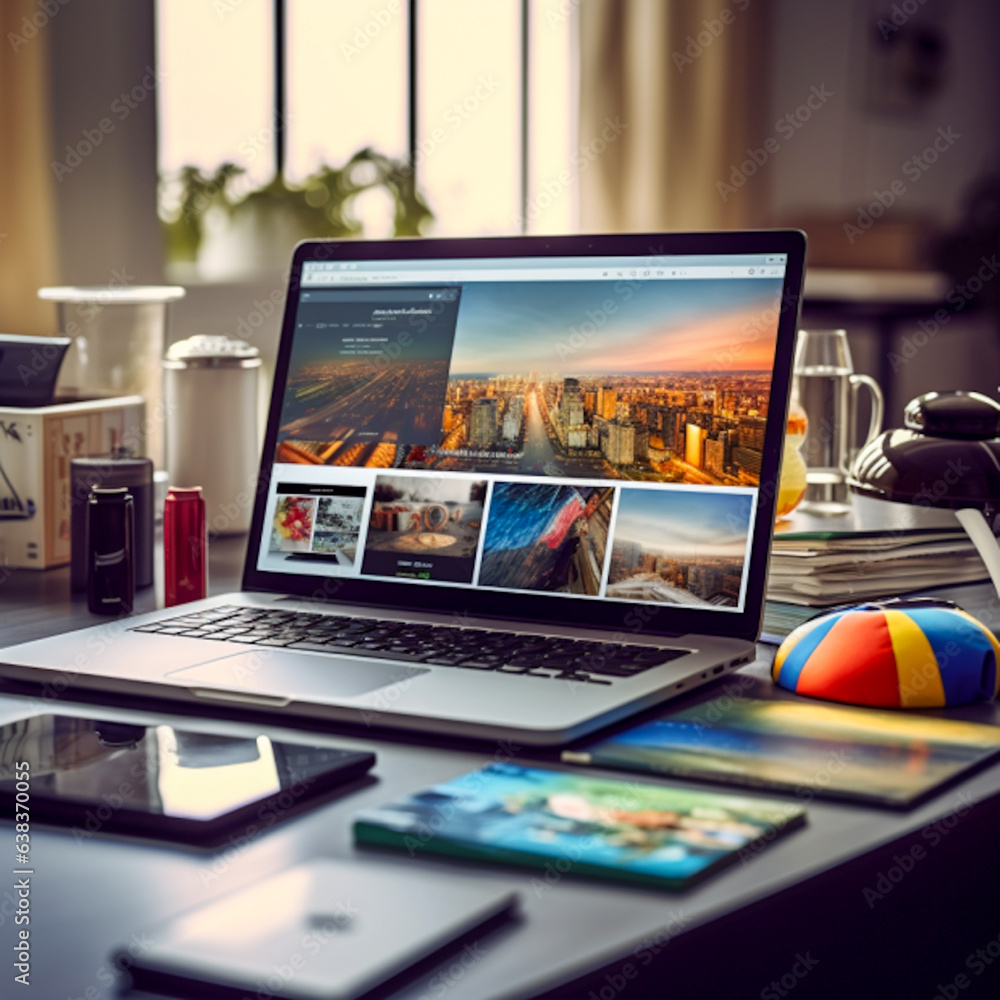 A close-up photo of a laptop computer sitting on top of a desk with a ...