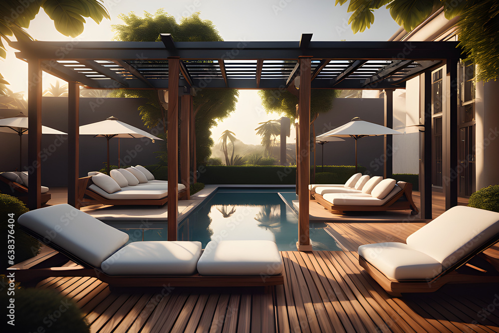 lavish side outside garden at morning with a teak hardwood deck with ...