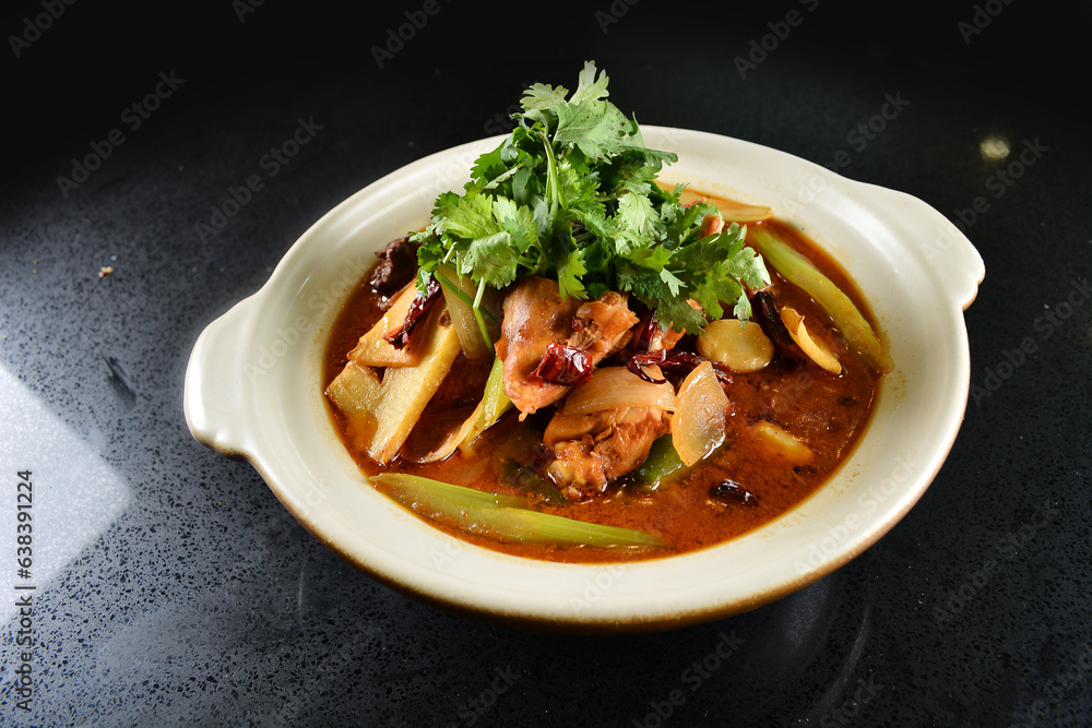 spicy mala laksa curry hot clay pot with seafood prawn, scallop ...