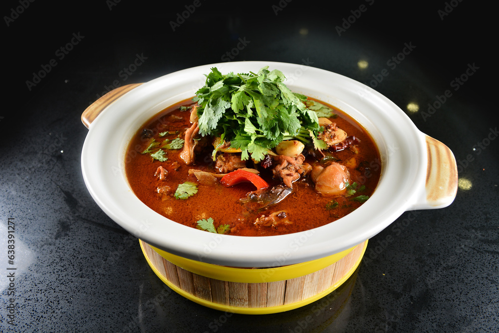 spicy mala laksa curry hot clay pot with seafood prawn, scallop ...