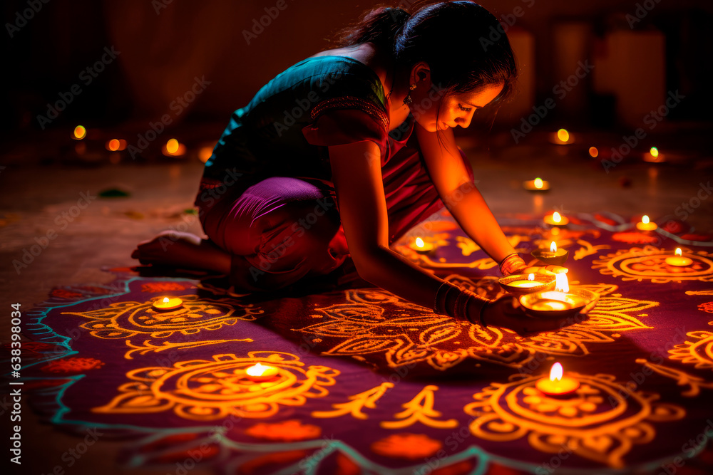 woman creating intricate rangoli patterns on the ground, creativity of ...