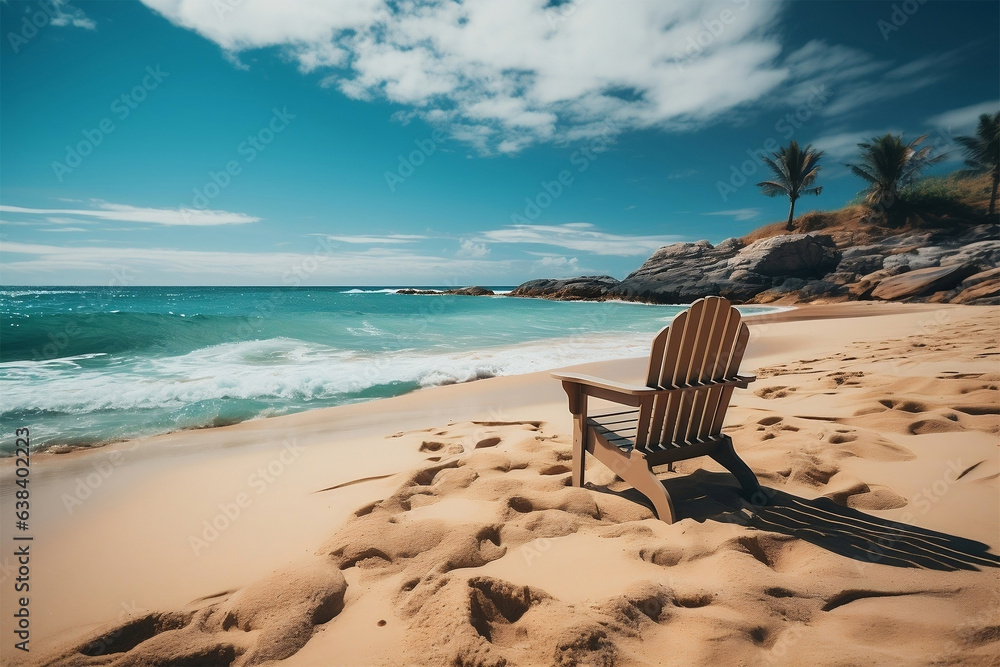 Beautiful beach. Chairs on the sandy beach near the sea. Summer holiday ...