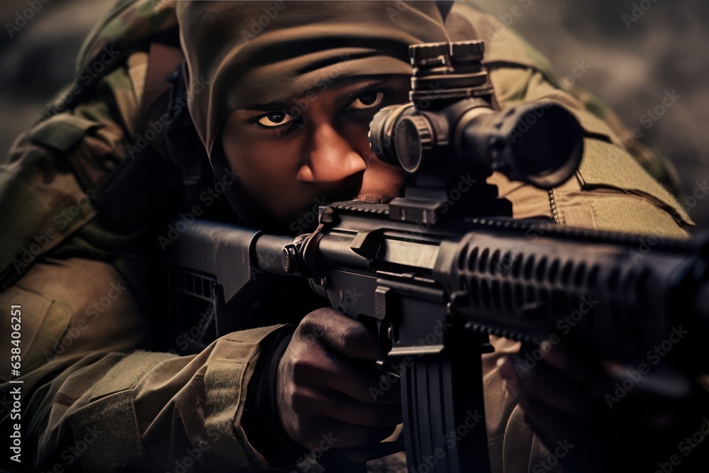 Foto de Sniper in an ambush in the forest aiming in enemy. Modern ...