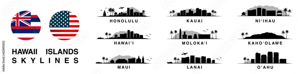 Vector illustration featuring the iconic skylines of Hawaii's islands ...