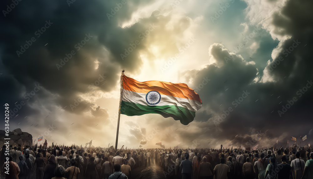 Indian flag on a crowd background. Stock Photo | Adobe Stock