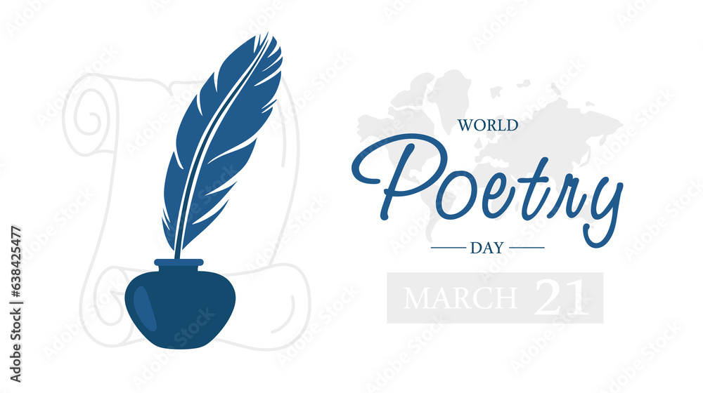 World Poetry Day concept with Feather, inkwell, world map, quill and ...
