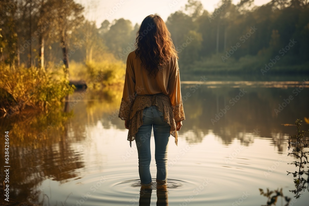 Full-body rear view of a vibrant woman, gazing at her reflection in a ...