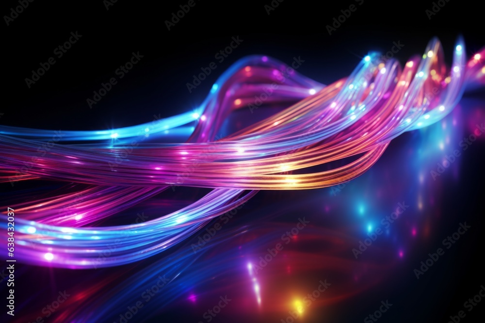 Colorful optic fiber electrical cables wires neon waves lines abstract ...