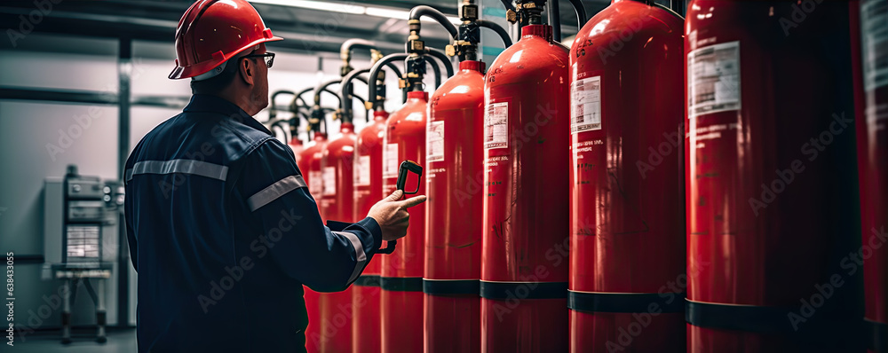 Engineer worker checking fire extinguisher. Inspection extinguishers in ...