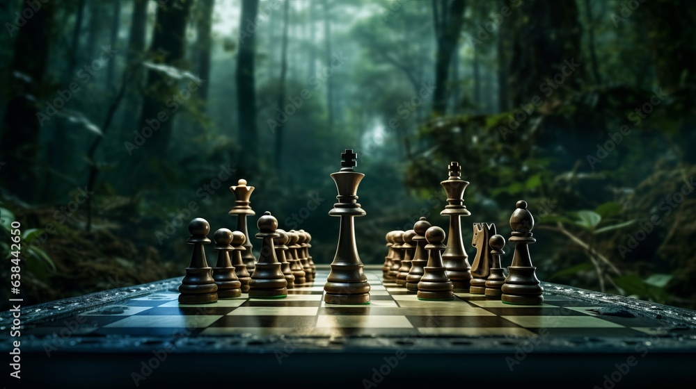 A chess board with chess pieces strategically placed for a game in the ...