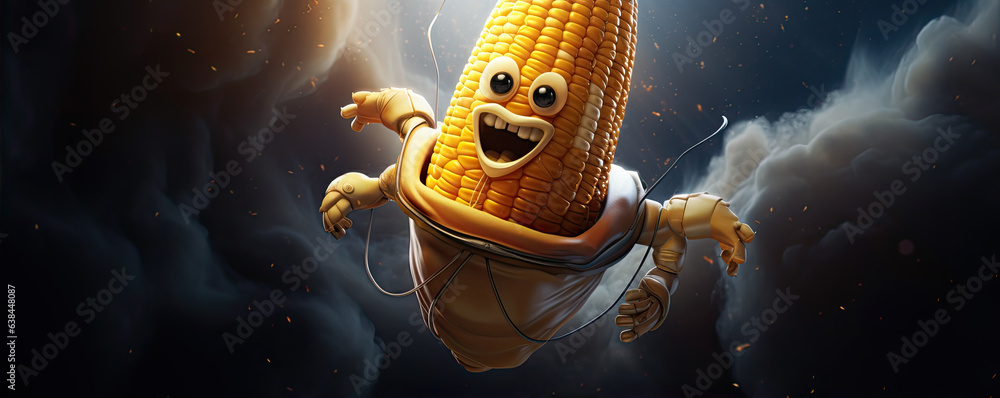 Fancy corn cob character with eyes and mouth smilling, flying in space ...