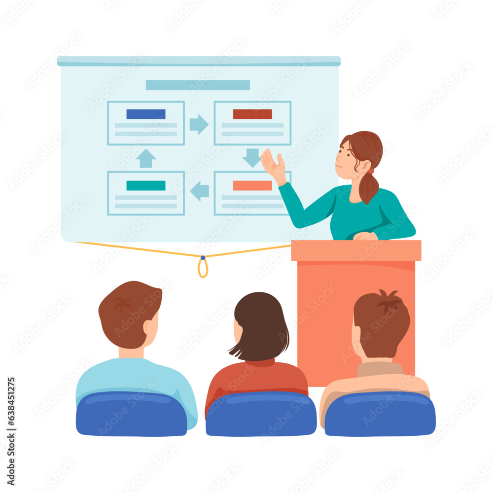 Woman teaching lesson with presentation vector illustration. Students ...
