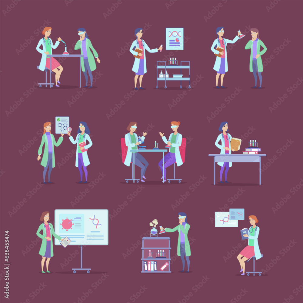 Scientists conducting medical research vector illustrations set ...