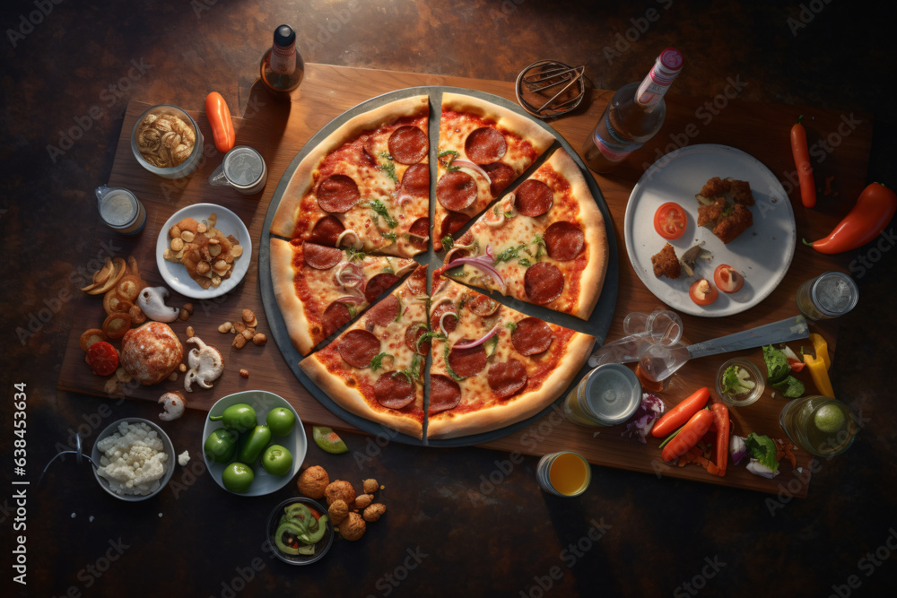 A flat lay photorealistic image of a sliced pepperoni pizza on a table ...