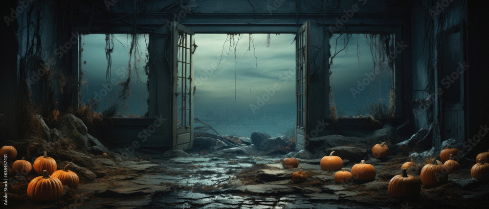 Halloween spooky background, scary pumpkins in old big creepy Happy ...