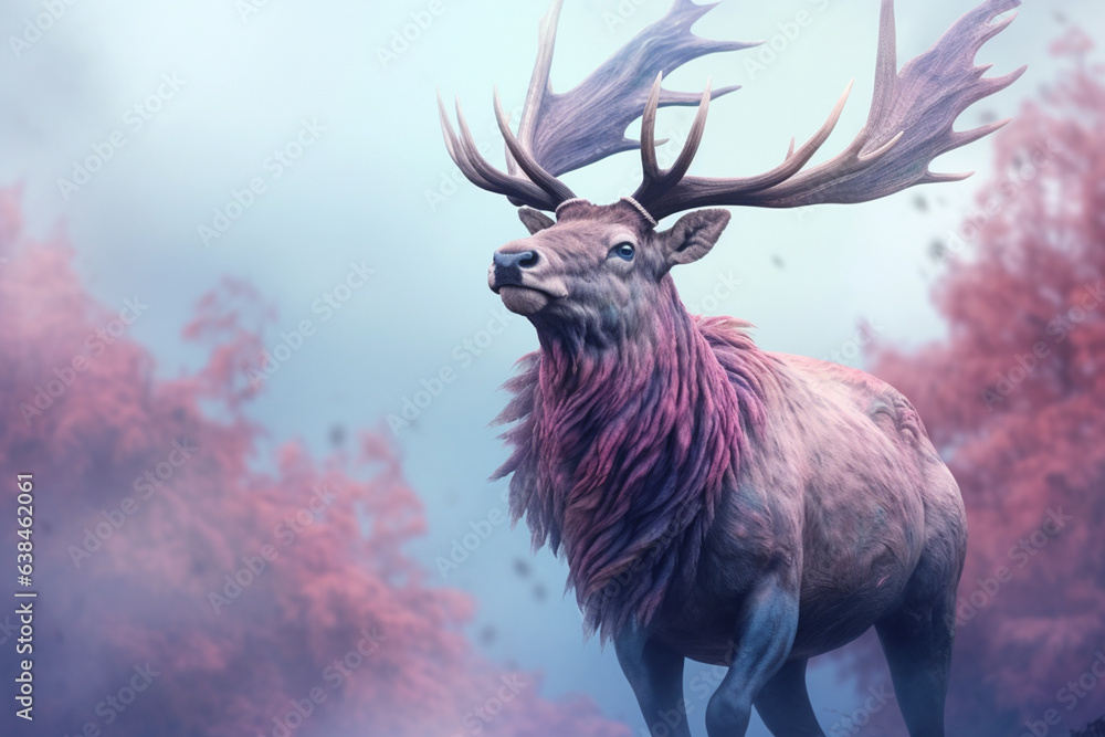 A pastel-colored Irish Elk with a majestic mane, rendered in soft hues ...