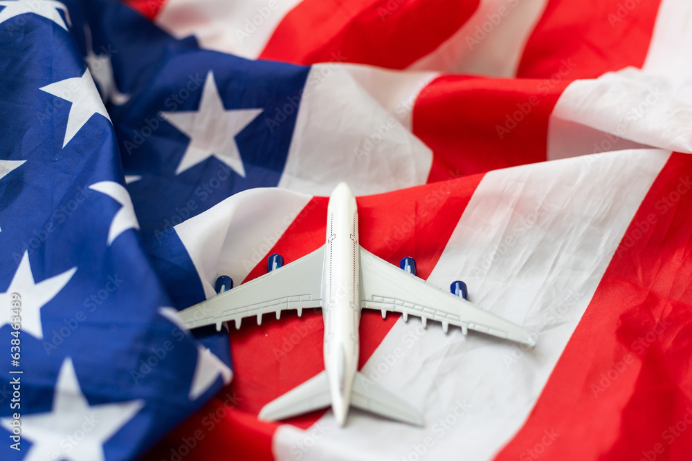 airplane on the usa flag as a symbol of passenger transportation Stock ...