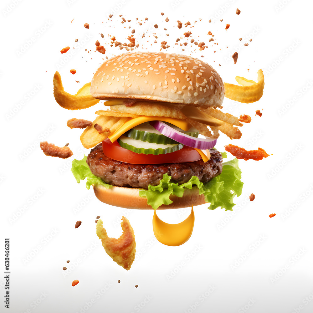 Exploding burger with vegetables and melted cheese on white background ...