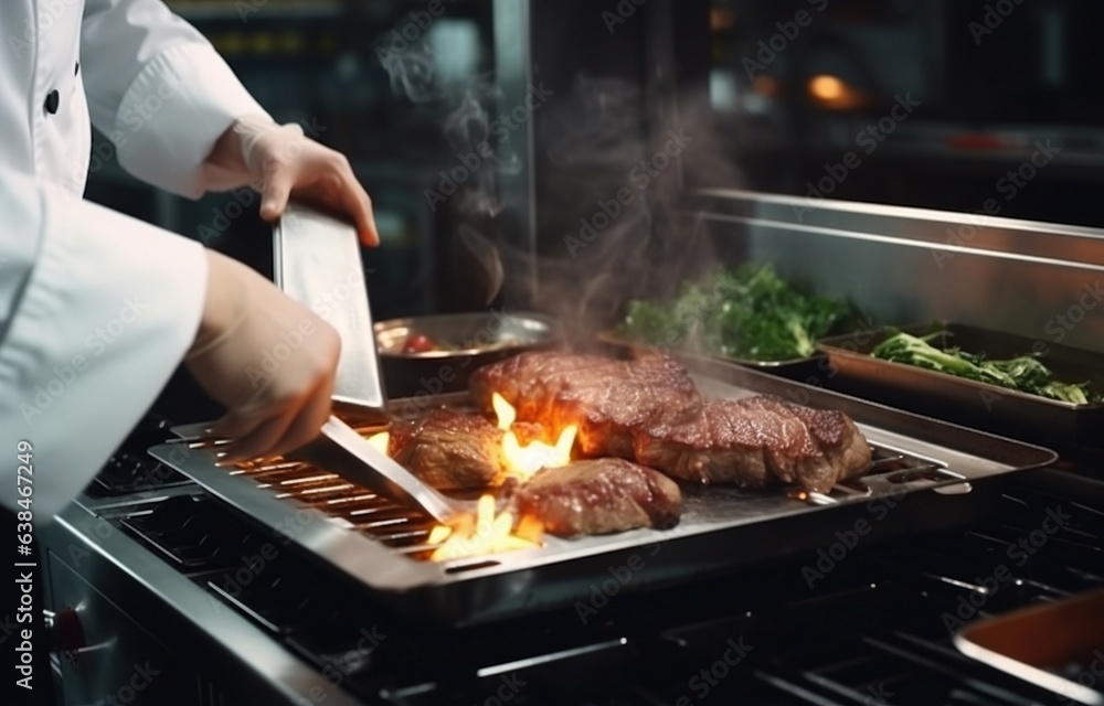 Inside a modern restaurant kitchen, a chef in a white uniform is ...