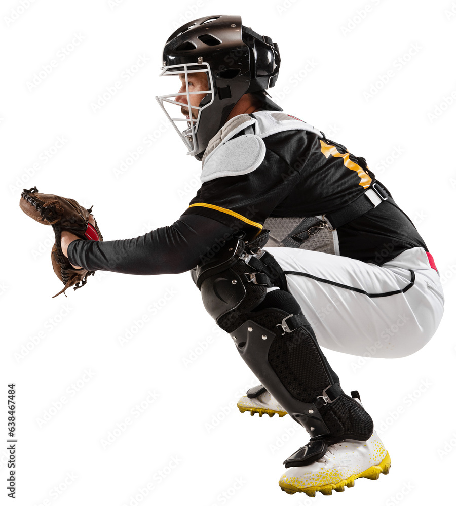 Man in helmet sitting in uniform and helmet, baseball player isolated ...