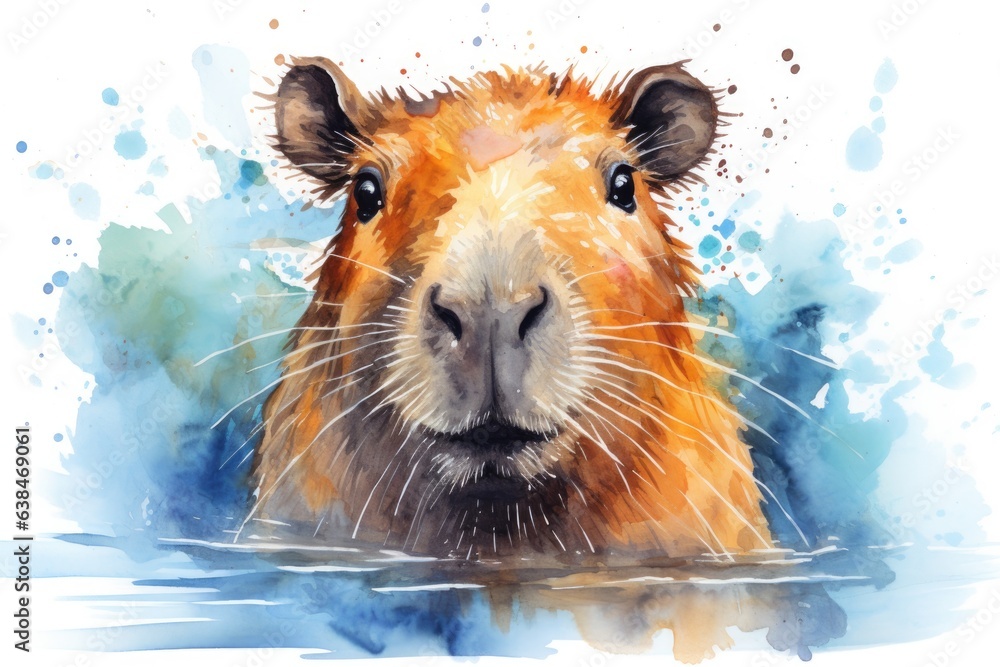 watercolor capybara in the water with splashes on white background ...