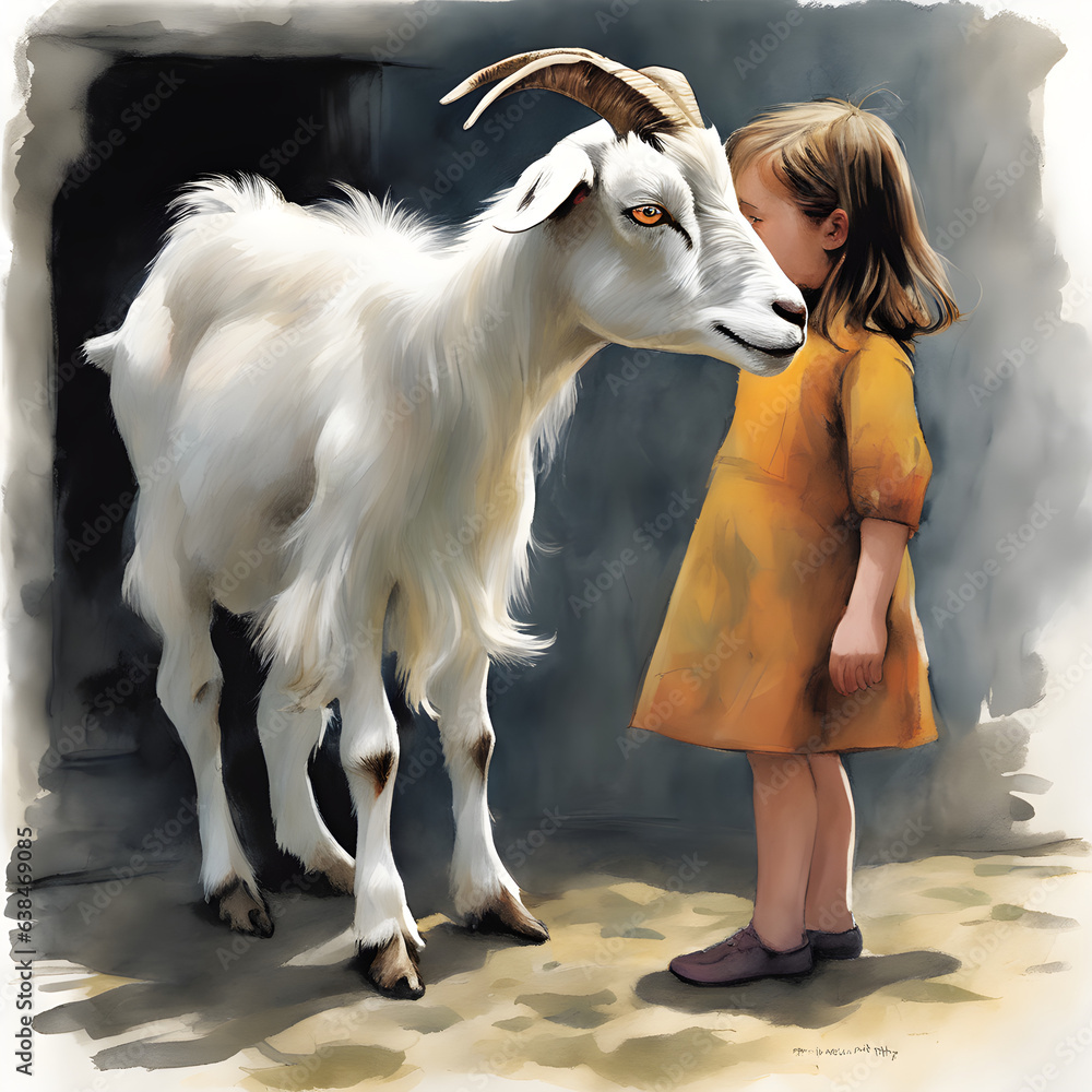 Goat painting, little girl, illustration from a collection of short ...