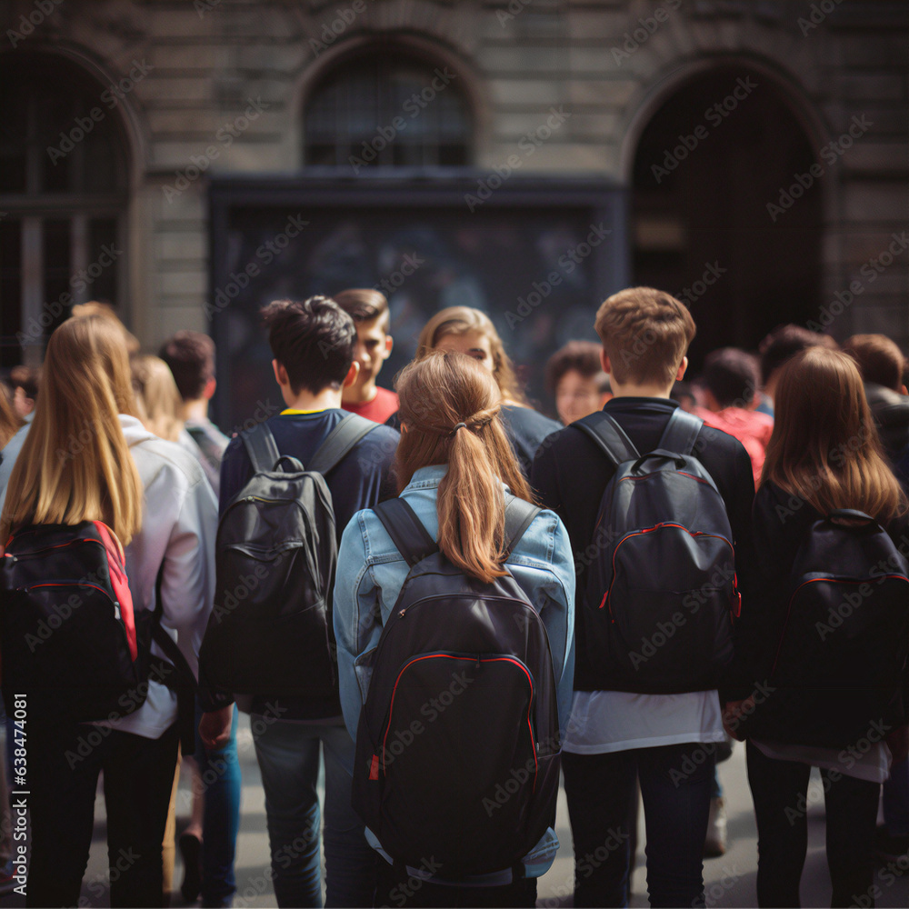 photography of young people from the back leaving school after the end ...